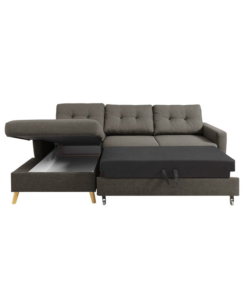Angelo - Sofacama esquinero estilo escandinavo tela gris oscuro botones negros