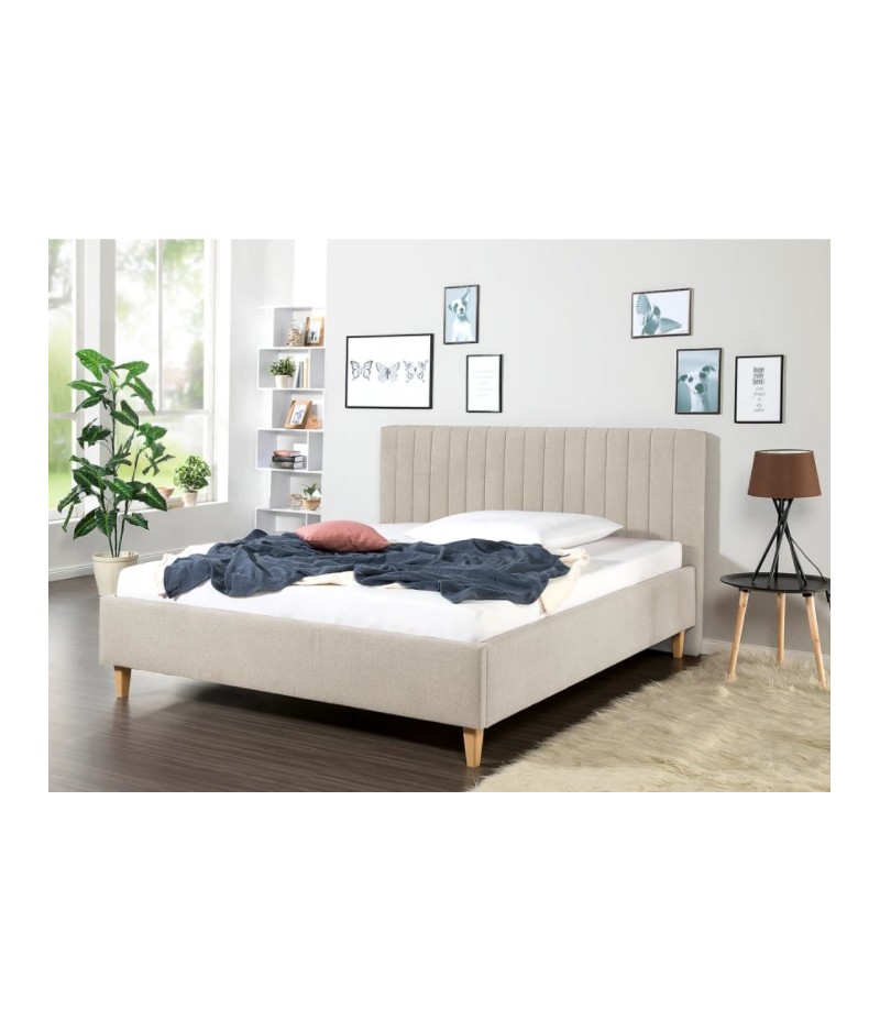 Sharon - Cama queen estilo moderno en tela color beige